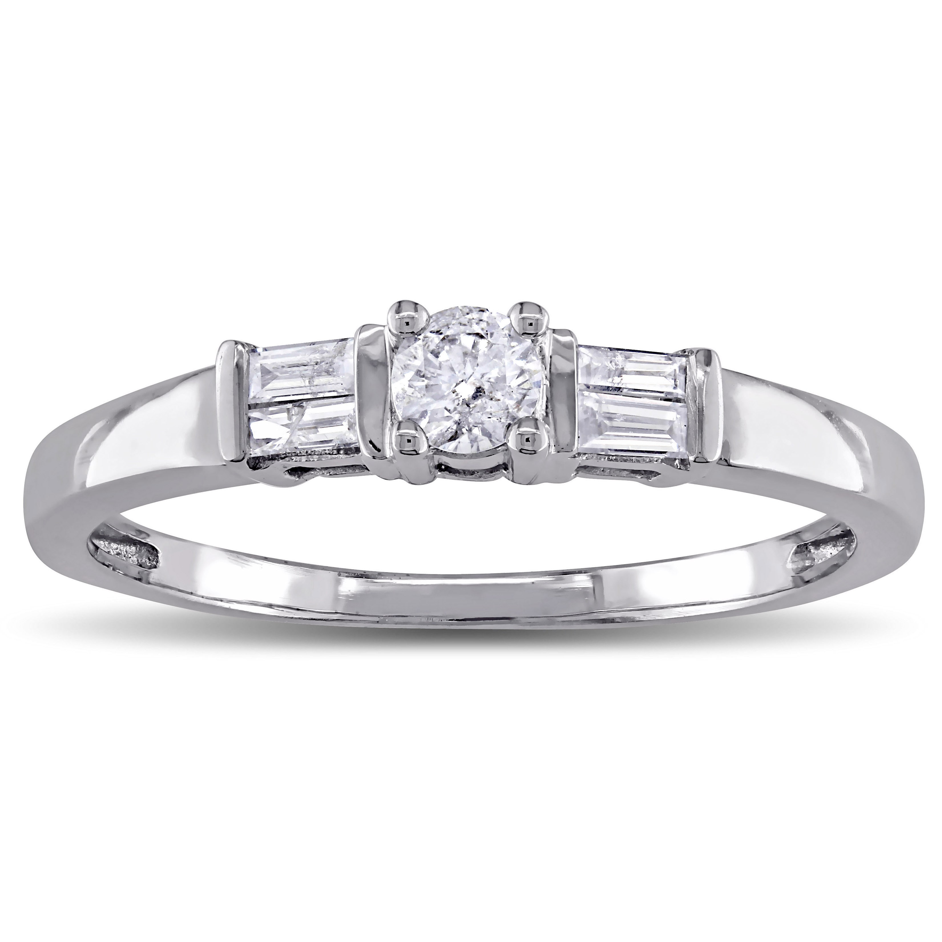 White Gold 1/4ct TDW Round and Parallel Baguette Diamond 3-Stone ...