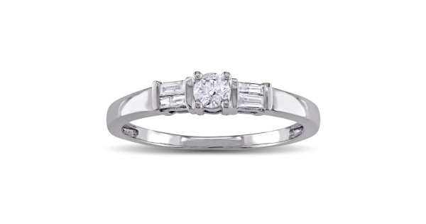 White Gold 1/4ct TDW Round and Parallel Baguette Diamond 3-Stone ...